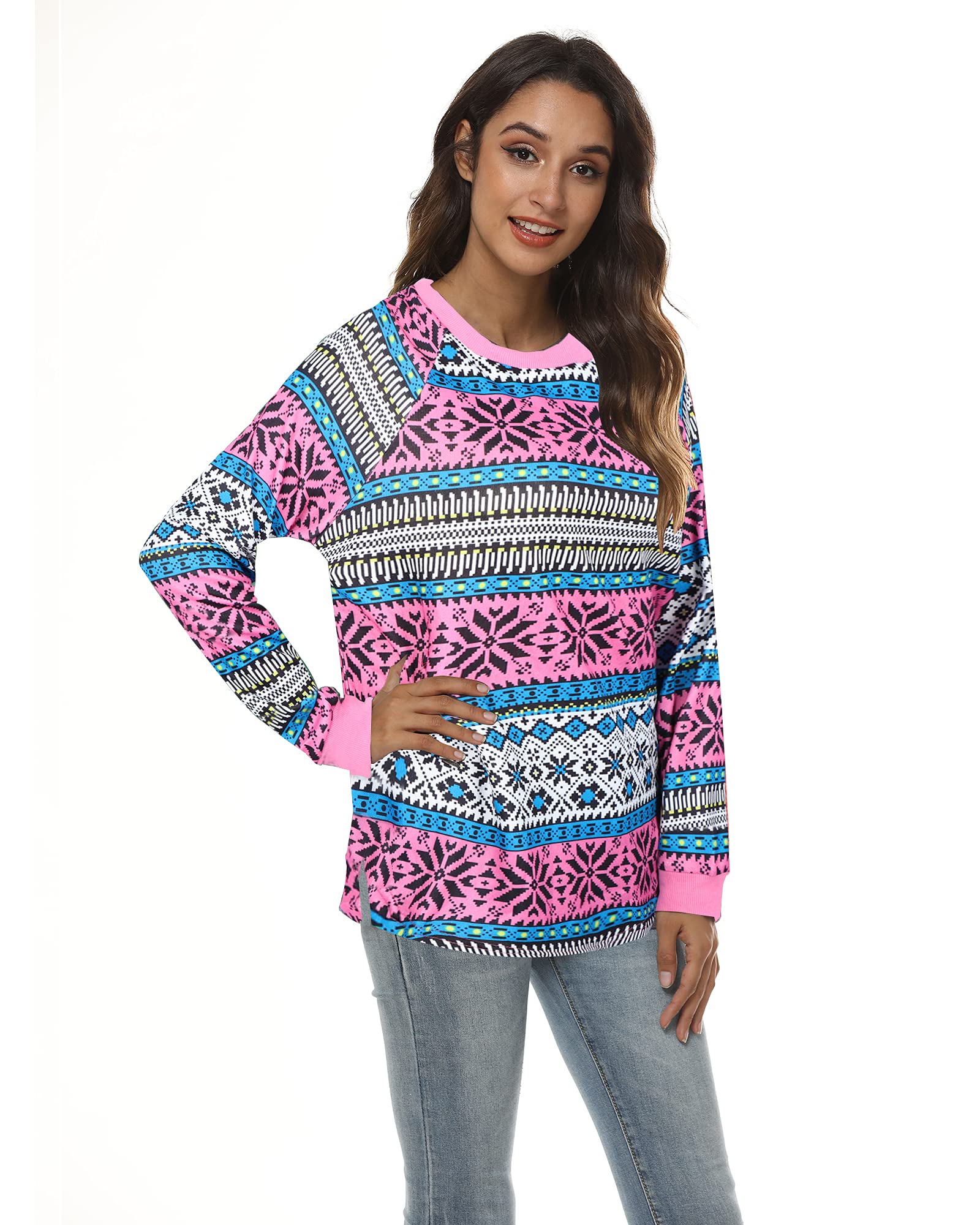 UNIQUEONE Christmas Sweatshirts For Women Xmas Snowflake Shirts Raglan Sleeve Blouse Loose Knitted Pullover Tops Pink