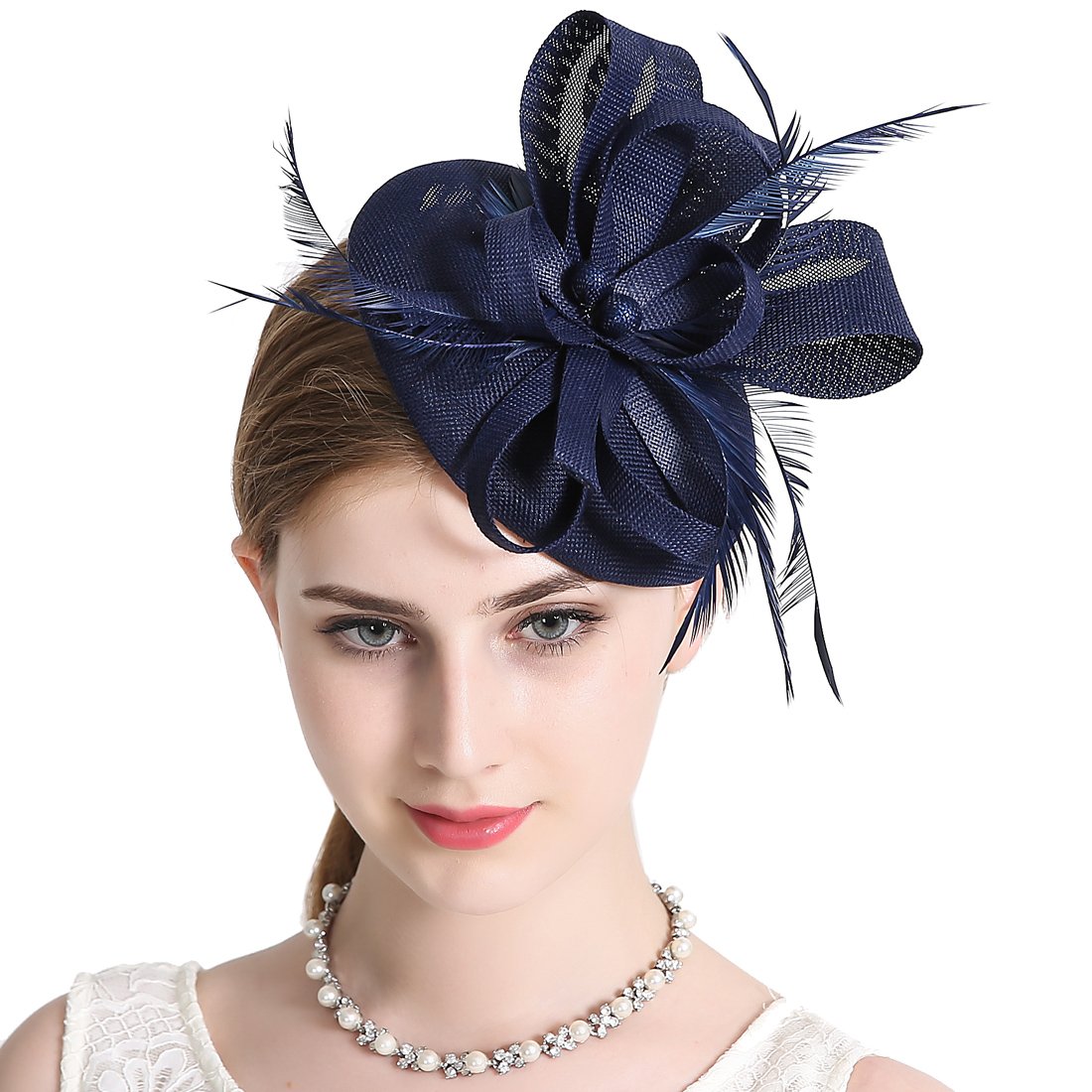 Sinamay Feather Fascinators Womens Pillbox Flower Derby Hat for Cocktail Ball Wedding Church Tea Party Navy Blue