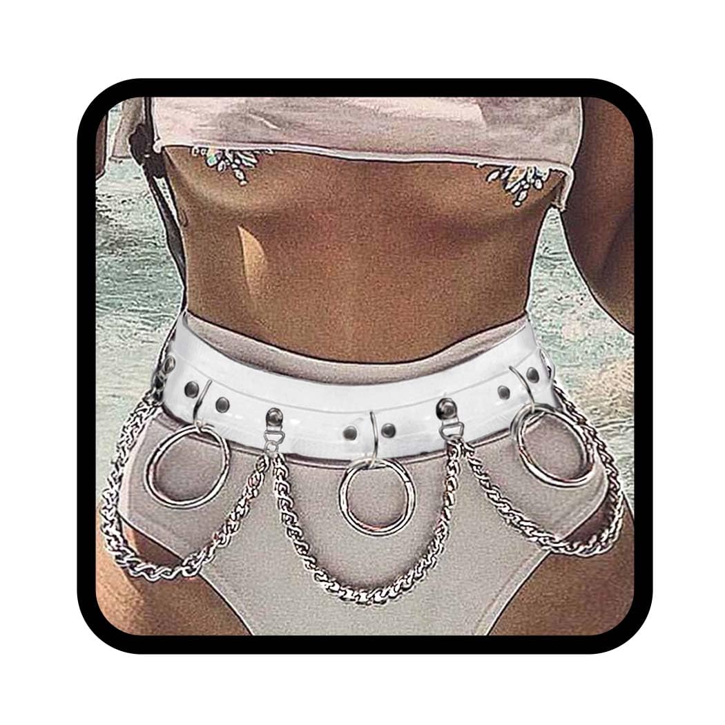 TWINKLEDE Punk Leather Belly Waist Chain Belt Circle Body Chains Festival Rave Body Chain Jewelry for Women and Girls (White)