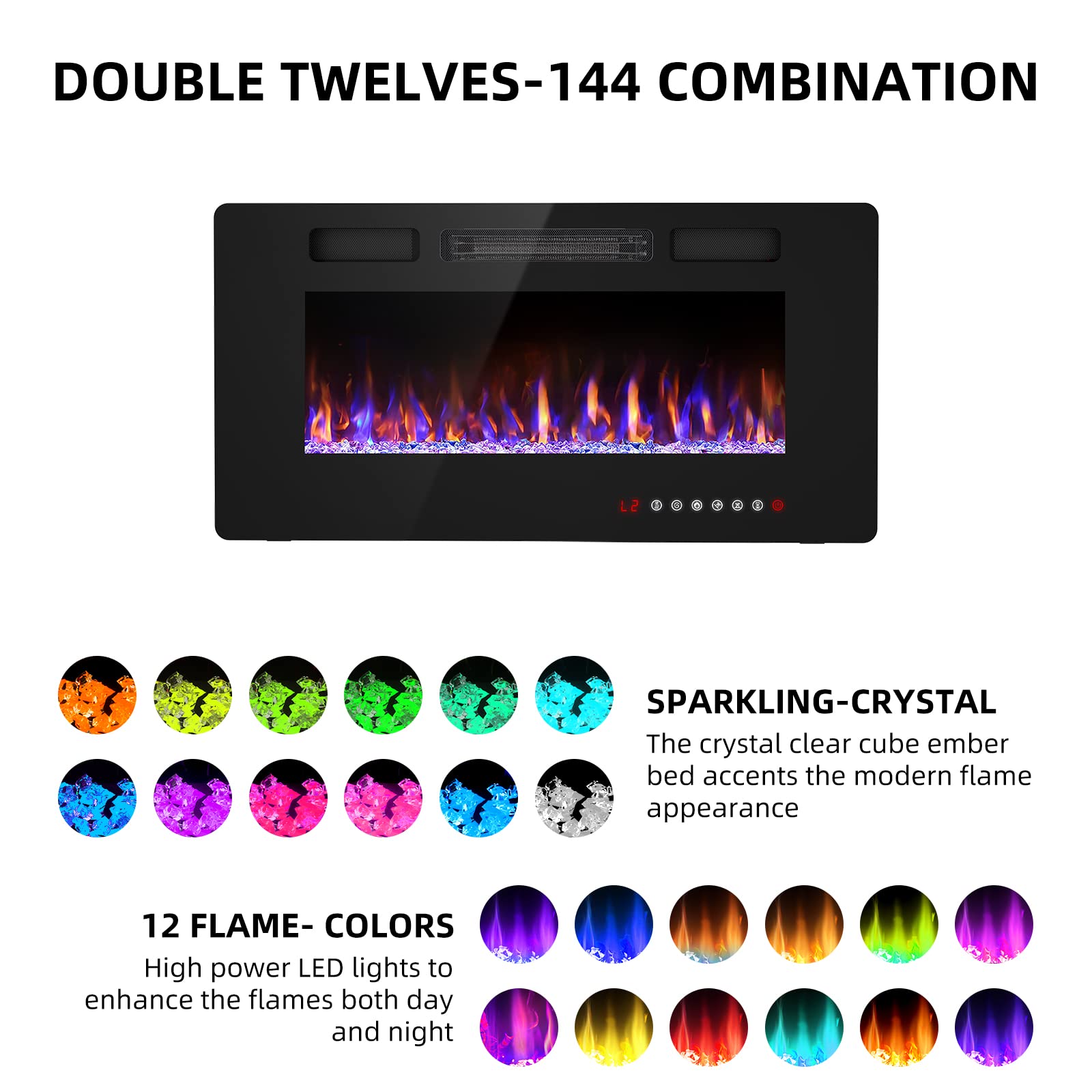 Zionheat 36 inches Electric Fireplace-Wall Fireplace for Living Room-Fireplace Heater Insert Wall Mounted with Remote Control,Timer,12 Flame Colors,750/150W