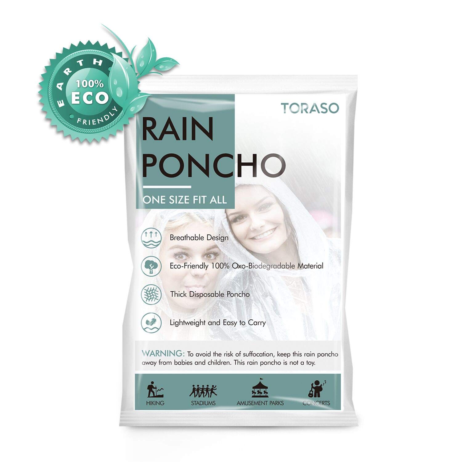 TORASO Rain Poncho with Hood for Adults, Disposable Clear Rain Poncho Adult Emergency Raincoats Disposable(YP, 2pcs)