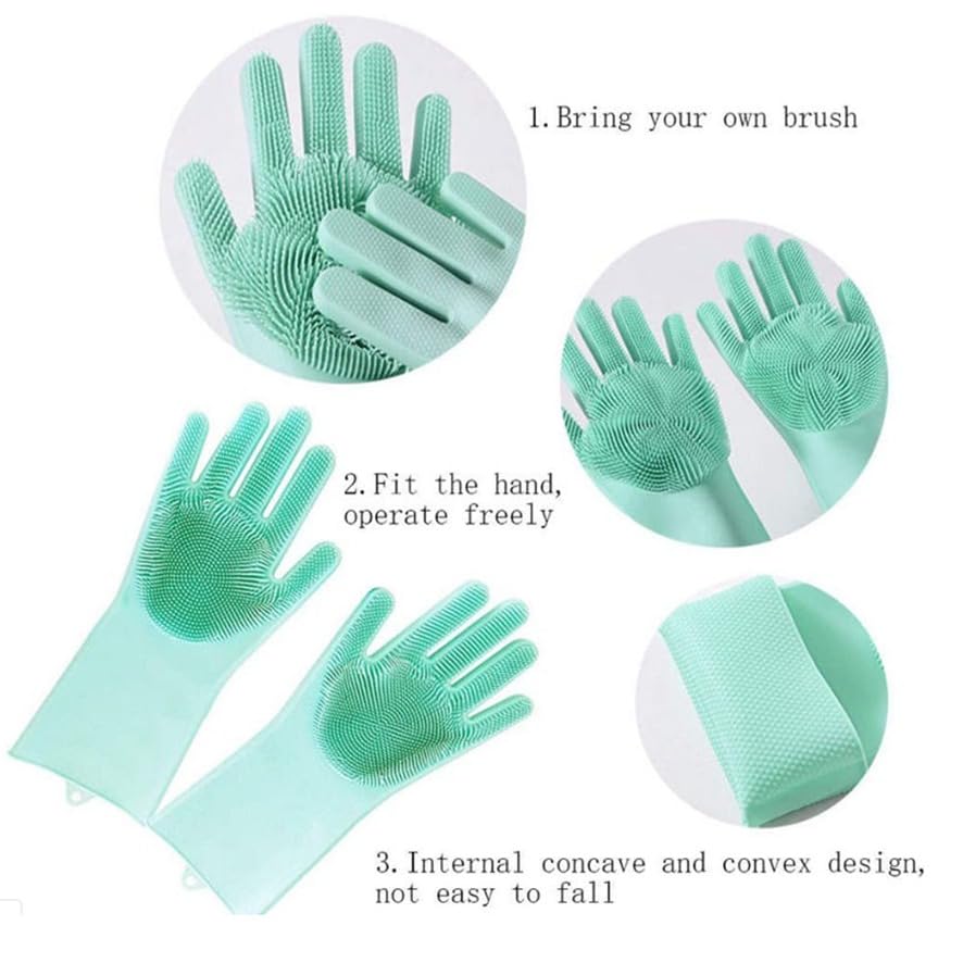 Silicone Glove Silicone Dishwashing Gloves Rubber Gloves Sponge Cleaning Brush for Dish Housework Kitchen Cars (blue)…