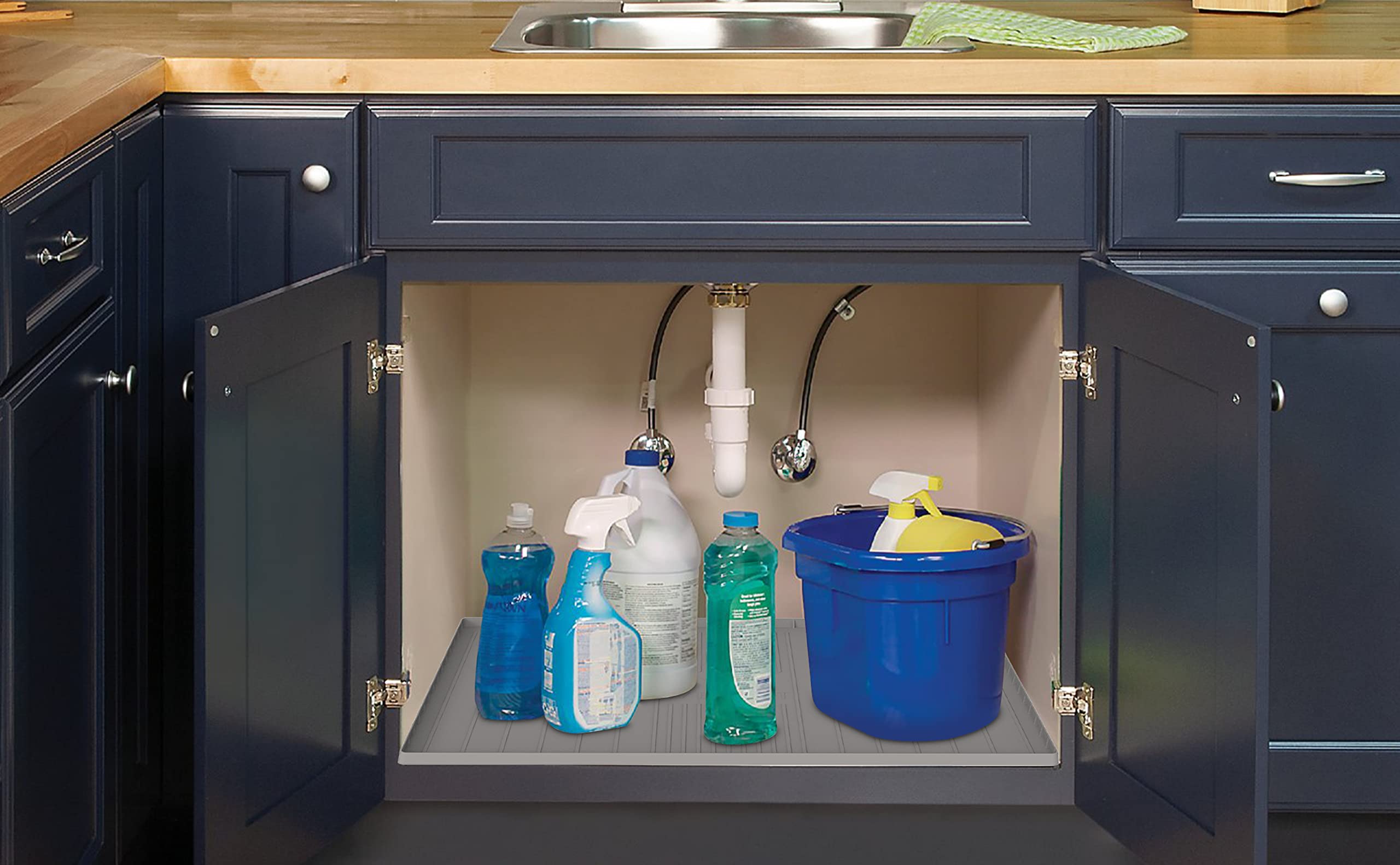Welvet Under Sink Mat for Kitchen Waterproof 34”X22” Strong Under Sink Drip Tray, Holds Up To 3.3 Gallons water, Thick Cabinet Protector Liner for Kitchen & Bathroom, with Soap Dish & Sponge Brush