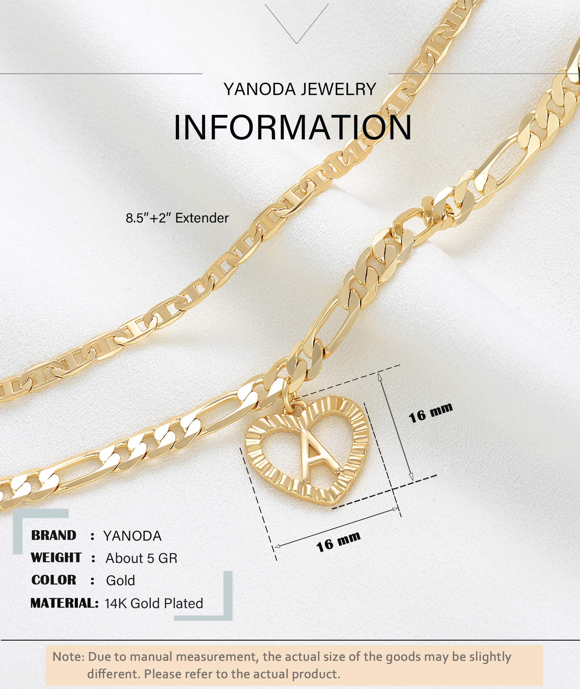 YANODA Initial Ankle Bracelets for Women 14K Gold Plated Layered Figaro Chain Letter Initial Anklets Handmade Layered Heart Ankle Bracelets Personalized Jewelry for Women A
