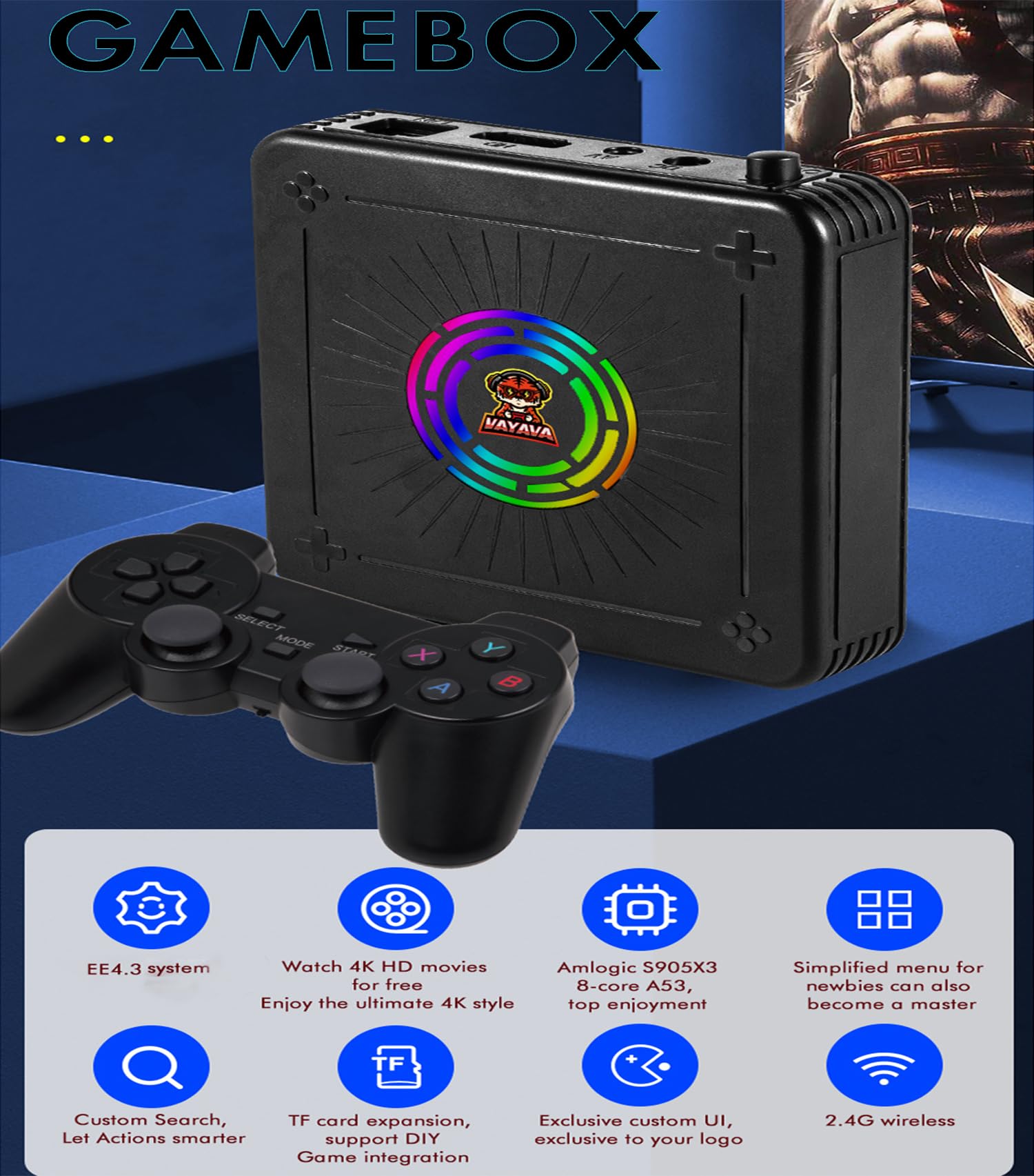 RegiisJoy 42000 in 1 Arcade Game Console 45+ Emulator Mini Game Box with Pair of 2.4G USB Wireless Controllers HDMI Output for 4K TV 64G