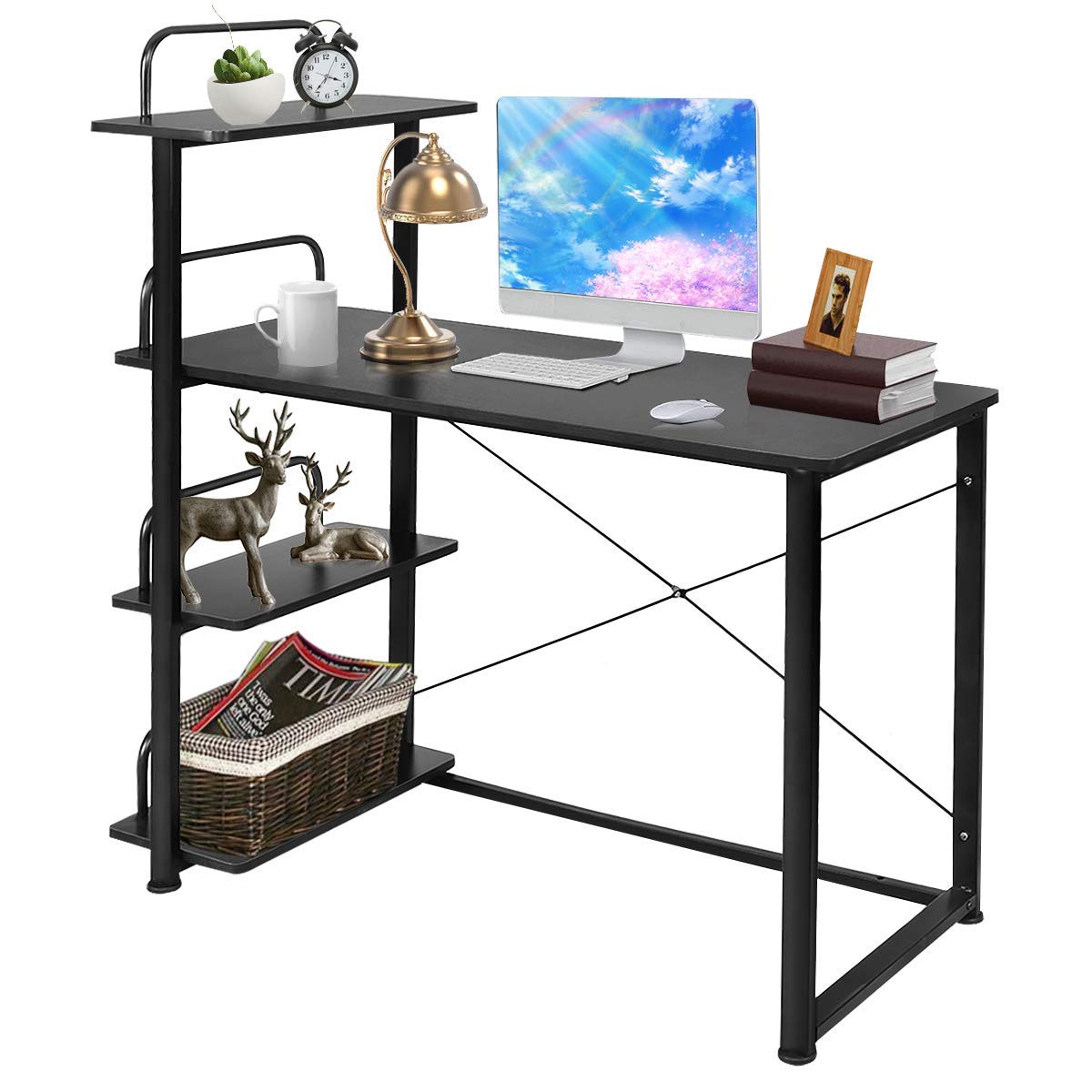 Tangkula Computer Desk with 4 Tier Shelves, Home Office Desk, Study Writing Desk, Space Saving Computer Workstation, Gaming Desk (Black)