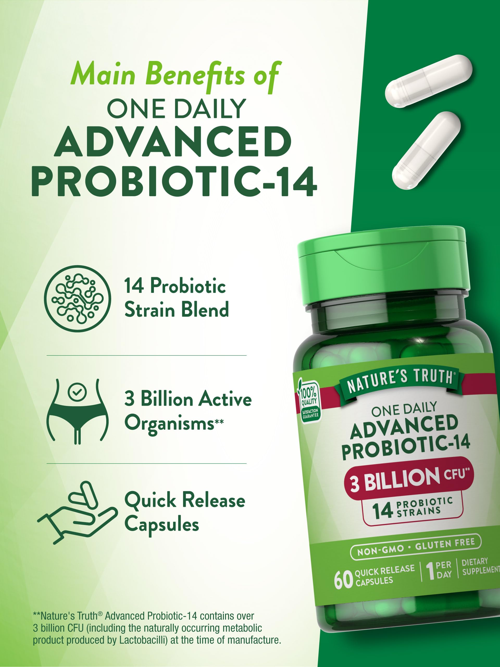 Probiotics for Men and Women | 3 Billion CFU | 60 Capsules | 14 Strains | Non-GMO & Gluten Free | by Nature's Truth