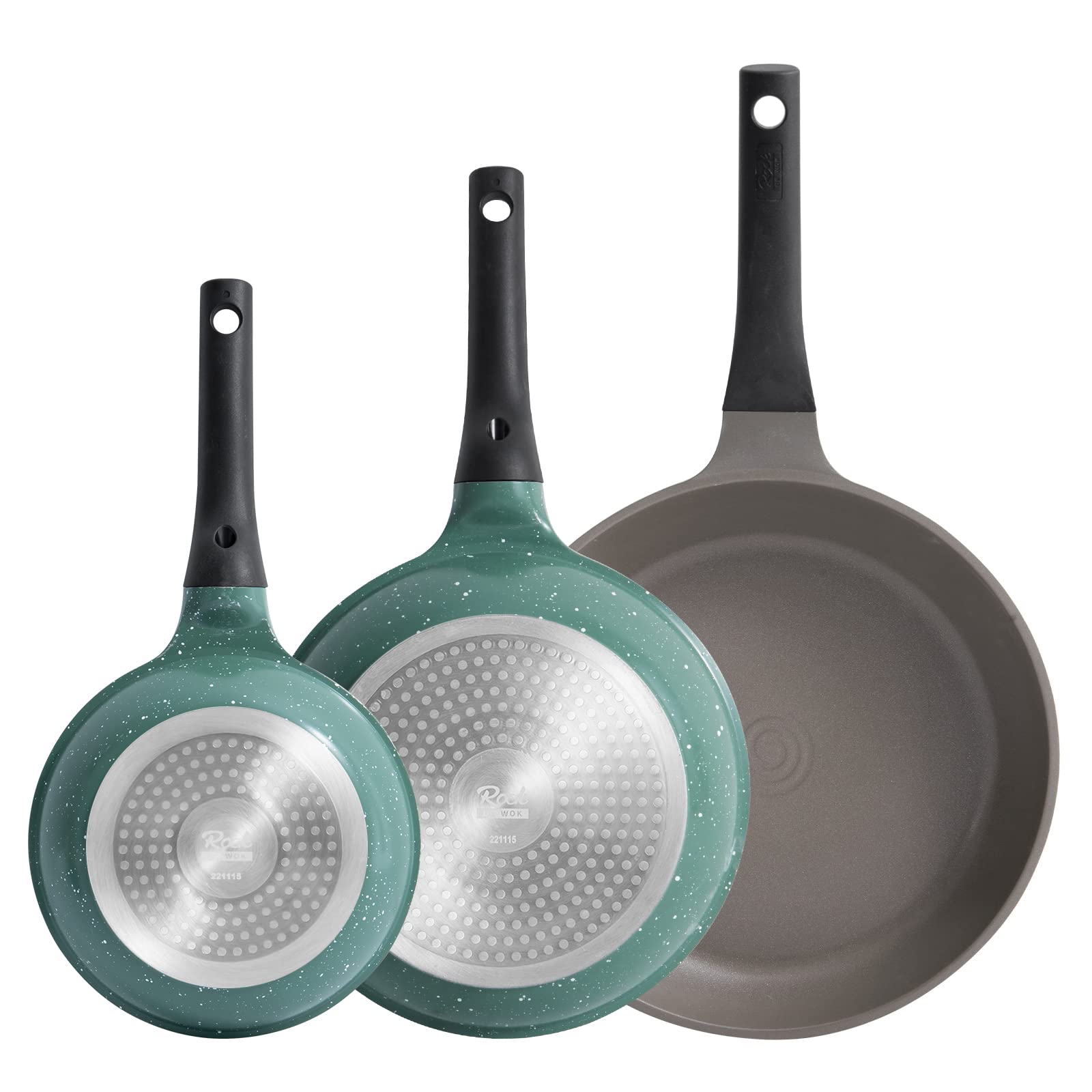ROCKURWOK Ceramic Nonstick Frying Pan Set, 3 Pcs Cookware for Omelet, Skillet & Sauté, Induction, Oven & Dishwasher Safe, PFAS & PTFE Free, Durable & Easy to Clean, Green