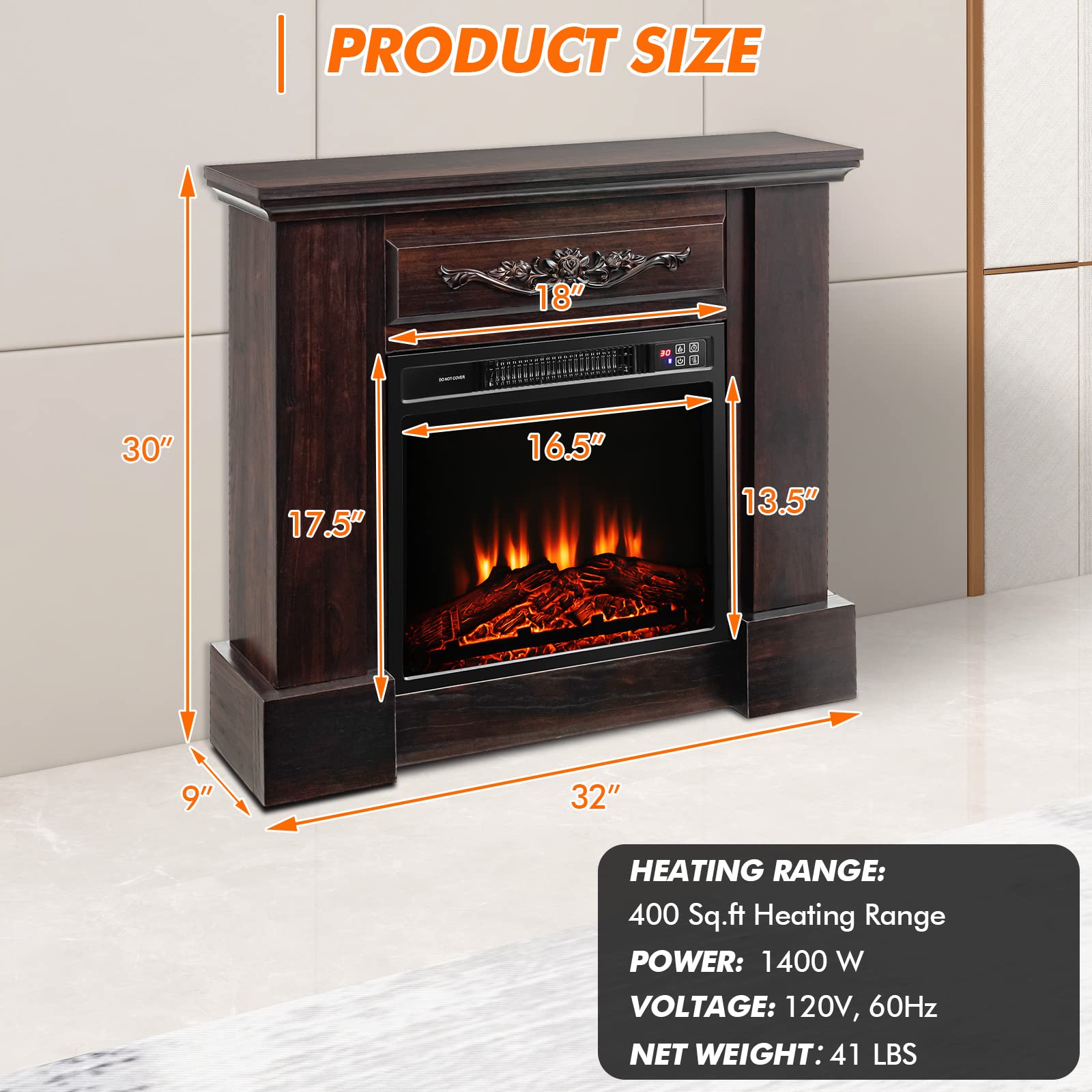 Tangkula 32’’Electric Fireplace with Mantle, Freestanding Fireplace Heater w/ 3D Realistic & Adjustable Flame, Remote Control, Overheat Protection, 1400 W Wooden Fireplace Mantel for Home (Brown)