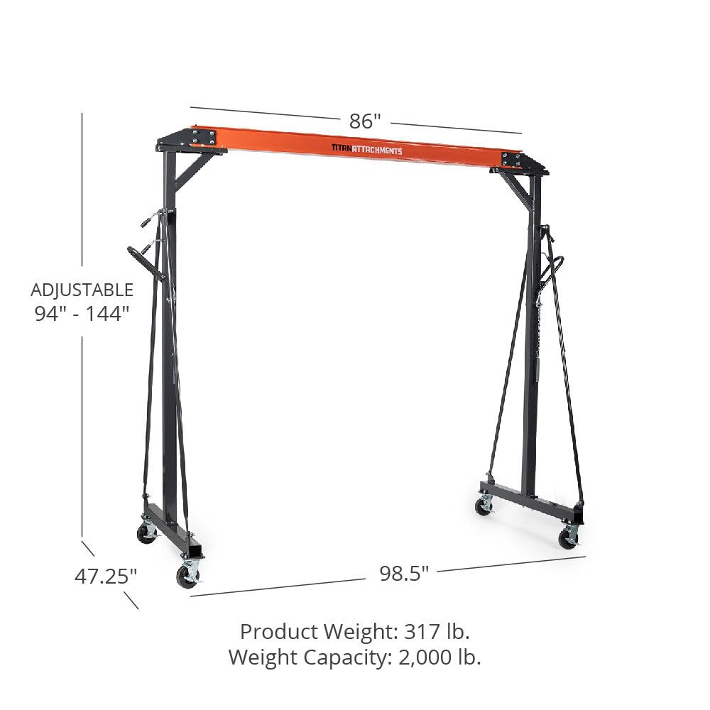 Titan Attachments 0.5 Ton Adjustable Steel Gantry Crane, Portable Shop Lift Hoist, Frame Only, Rated 1,000 LB