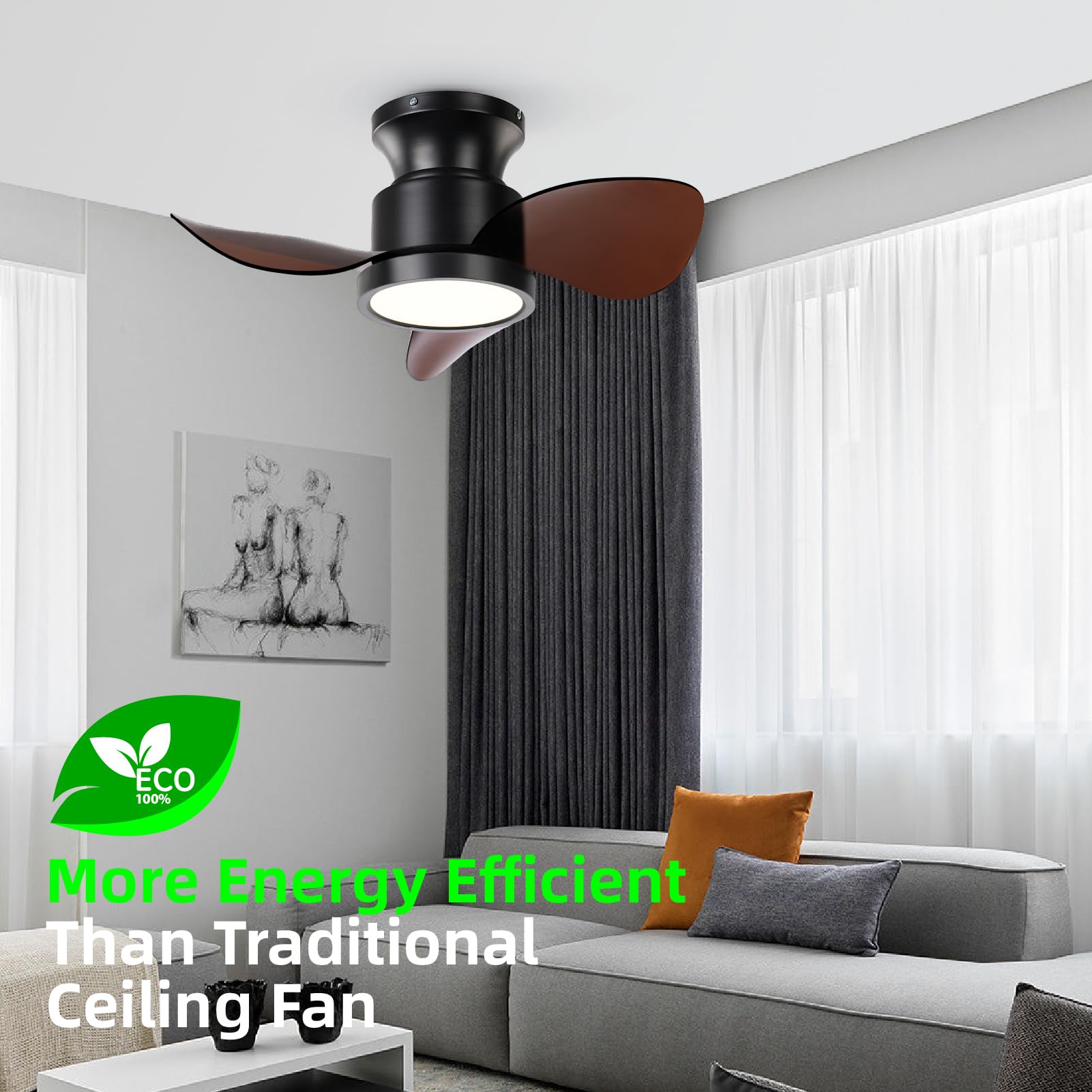 Roomratv Ceiling Fans with Lights 22 inch Quiet Ceiling Fan Large Airflow Remote Control 3 Color Temperature for Bedroom Kitchen Dining room Patio(Black)