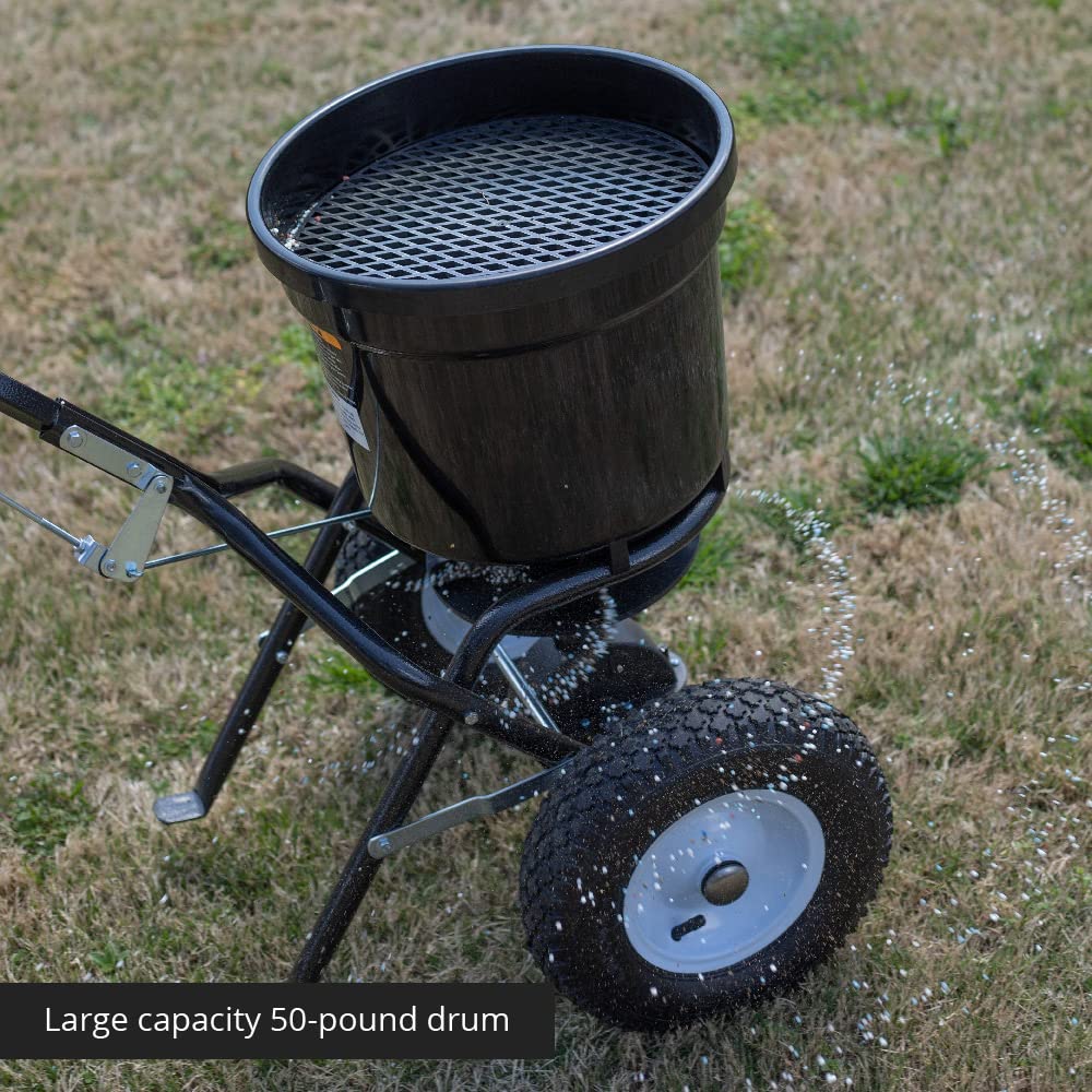 Titan Attachments 50 lb Professional Fertilizer Push Broadcast Spreader, Spreads 10 to 12 FT, Lawn Care and Ice Melter, Yard Tool