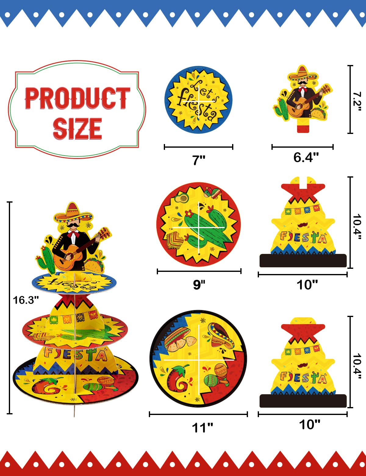WERNNSAI Mexican Fiesta 3-Tier Cupcake Stand, Yellow, Paper