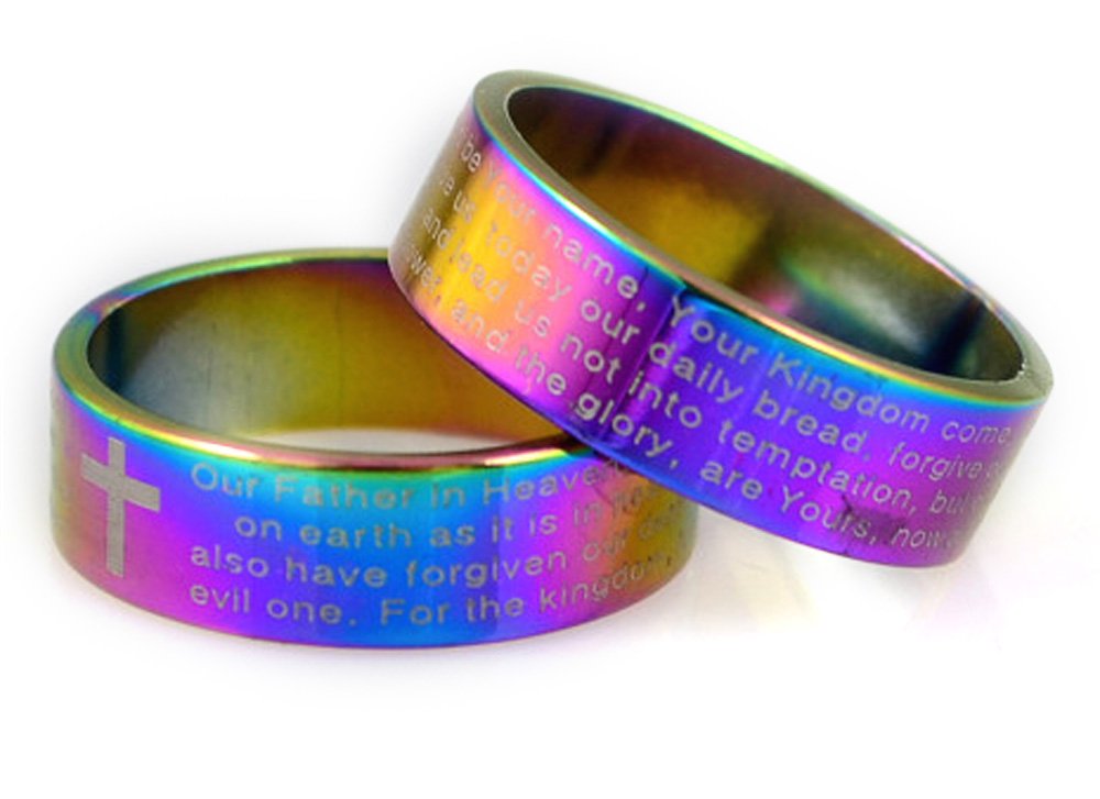 Religious Rings S17 Rainbow Multi Color Stainless Steel Our Father Prayer Ring Cross Christian Bible (8)