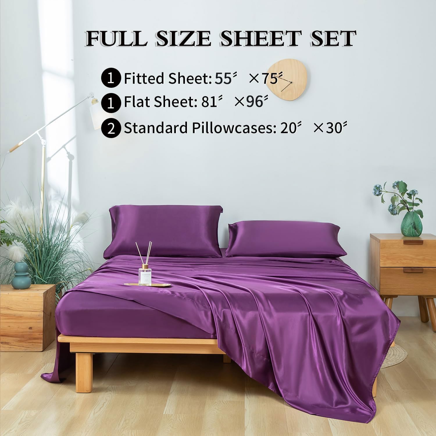 Revdomfly 4 Pcs Full Size Luxury Silky Soft Purple Satin Sheet Set,1 Premium Moisture Wicking Fitted Sheet Fits Up to 16 Inches Deep Pocket + 1 Flat Sheet + 2 Pillowcases(Purple, Full)