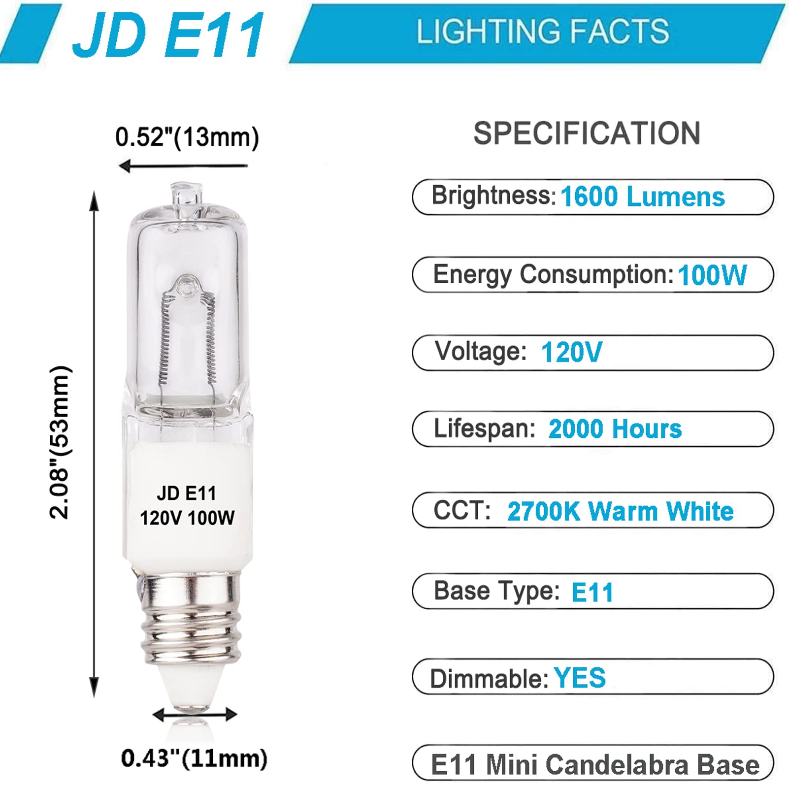 XBOCMY 4 Pack JDE11 120V 100W Halogen Bulb Dimmable Warm White 1600lm T4 Mini Candelabra Base for Chandeliers, Ceiling Fan, Cabinet Lighting, Pendants, Table Lamps, etc.