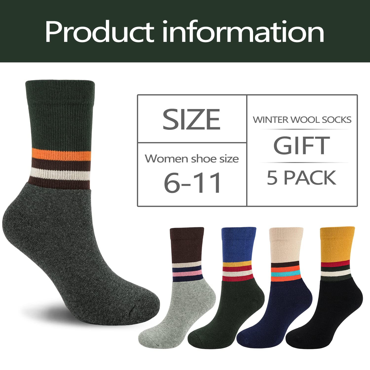 yeuG 5 Pack Women's Hiking Walking Wool Crew Socks, Multi-pack Wicking Cushion Crew Socks (Color 1, Shoe Size: 6-11)