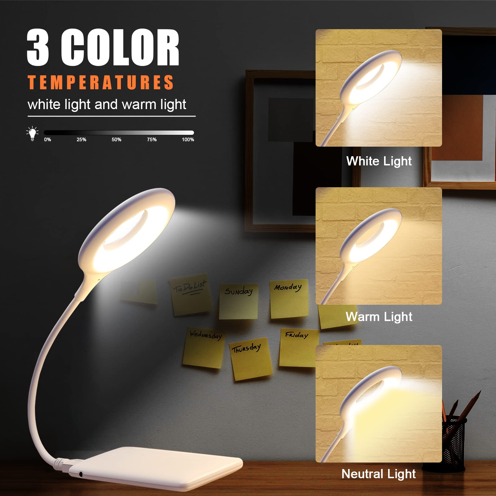 USB Book Light, Desk Lamp, Night Light 3 Color Modes Flexible Adjustable Reading Light and Voice-Activated LED Light, Suitable for Bedroom, Home, Office or Study room