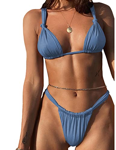 Rooscier Women's Retro Halter Triangle Top Push Up 2 Piece String Bikini Set Swimsuits Blue Medium