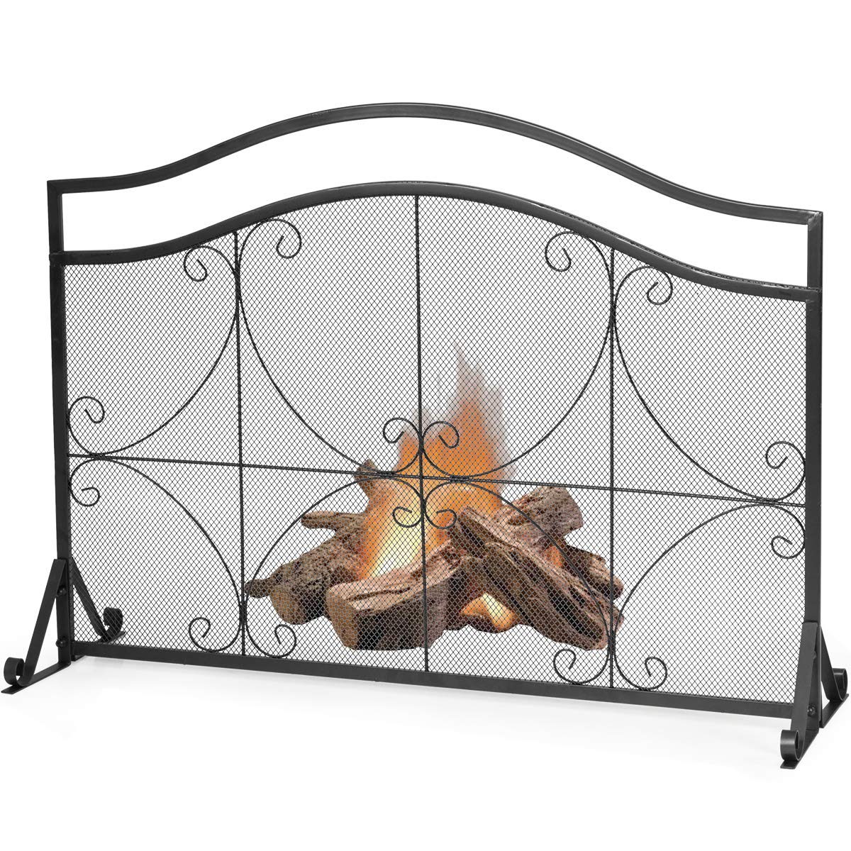 Tangkula 44.5ā X 33ā Inch Fireplace Screen, Decorative Iron Single Panel Fire Spark Guard Gate w/Metal Mesh, Rustproof Solid Free Standing Fire Screen for Baby or Pet Safe, Outdoor or Indoor Use