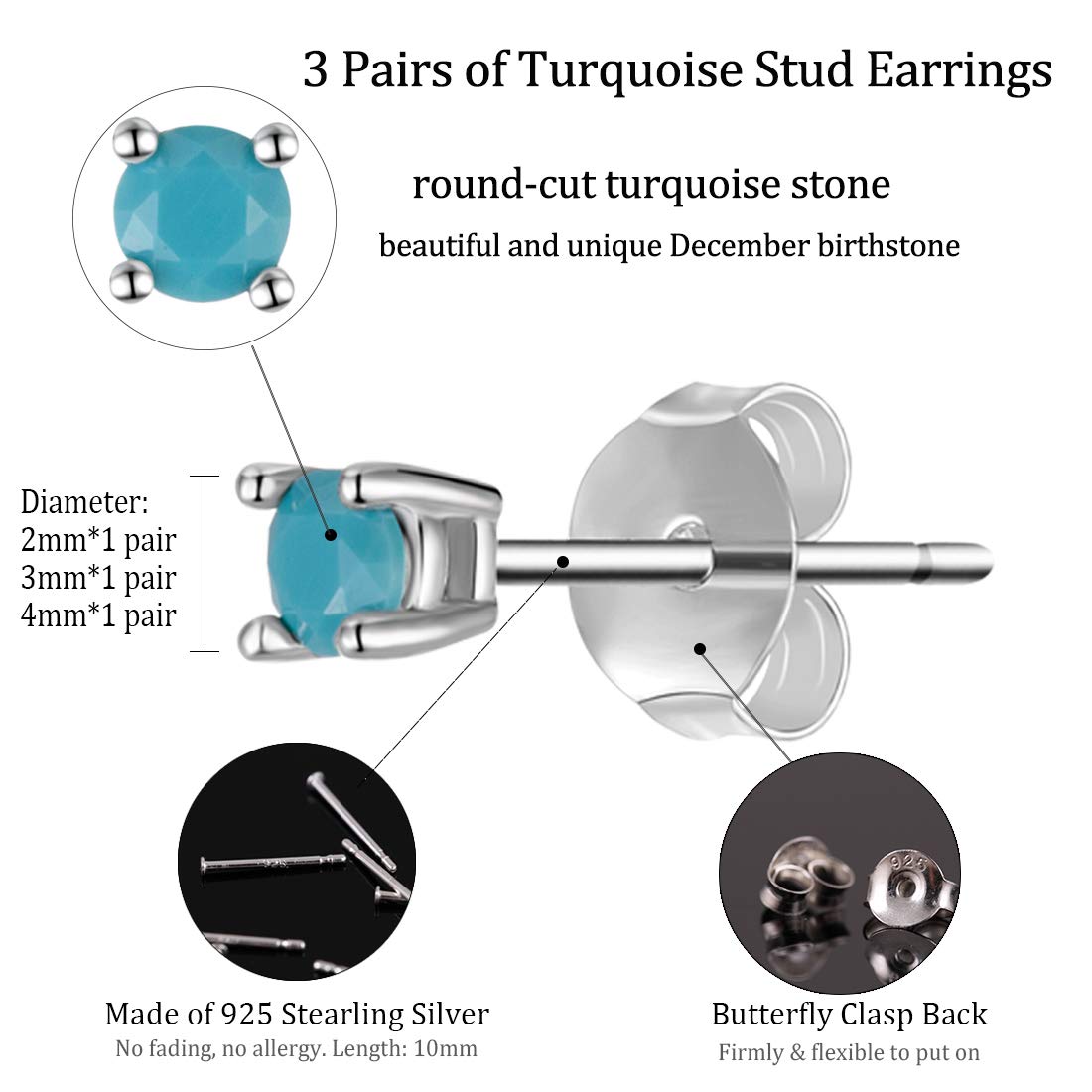 Sterling Silver Stud Earrings for Men Women- Hypoallergenic Tiny Turquoise Stud Earring Set White Gold Plated Round Prong-Set Birthstone Small Earrings(2mm/3mm/4mm)