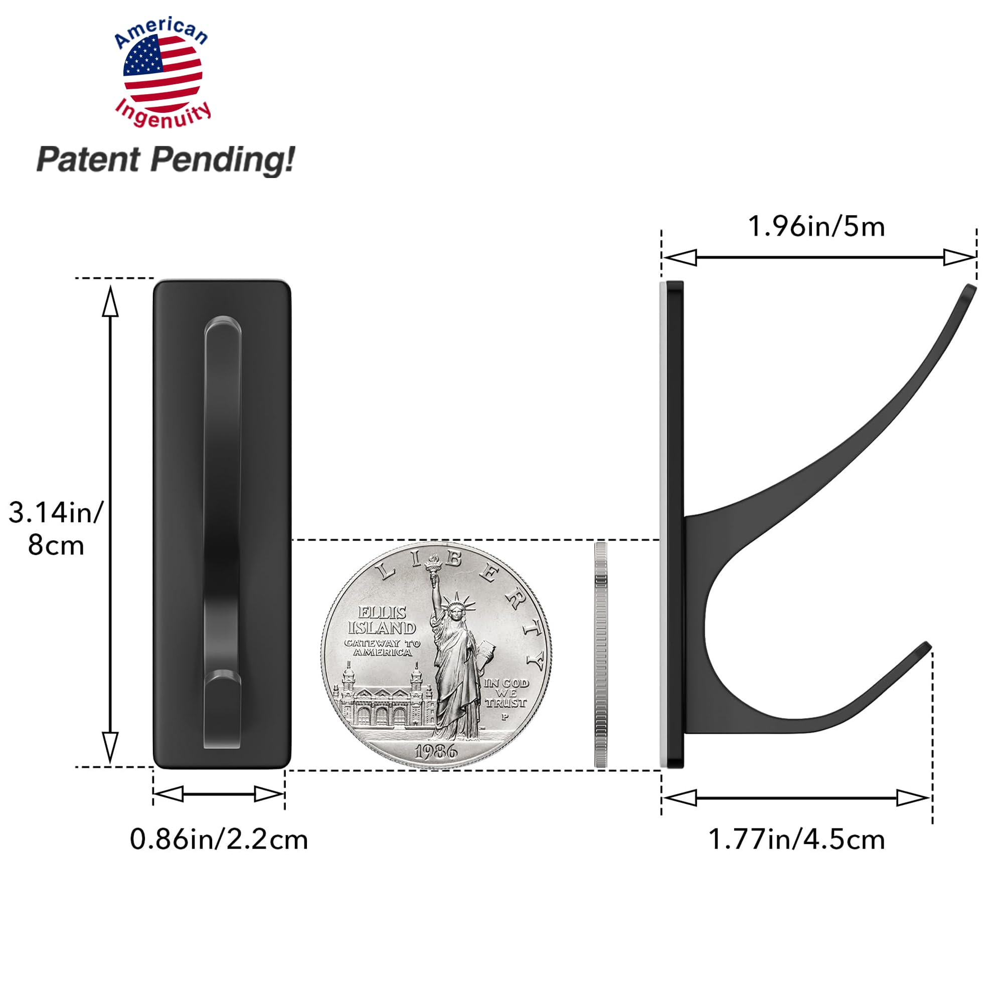 Self Adhesive Coat Hooks for Hanging: Heavy Duty Stainless Double Wall Hook for Towel, Backpack, Hat, Sturdy Metal Hanger for Bathroom, Bedroom, Door, Wall Mounted, 4-Pack, Matt Black