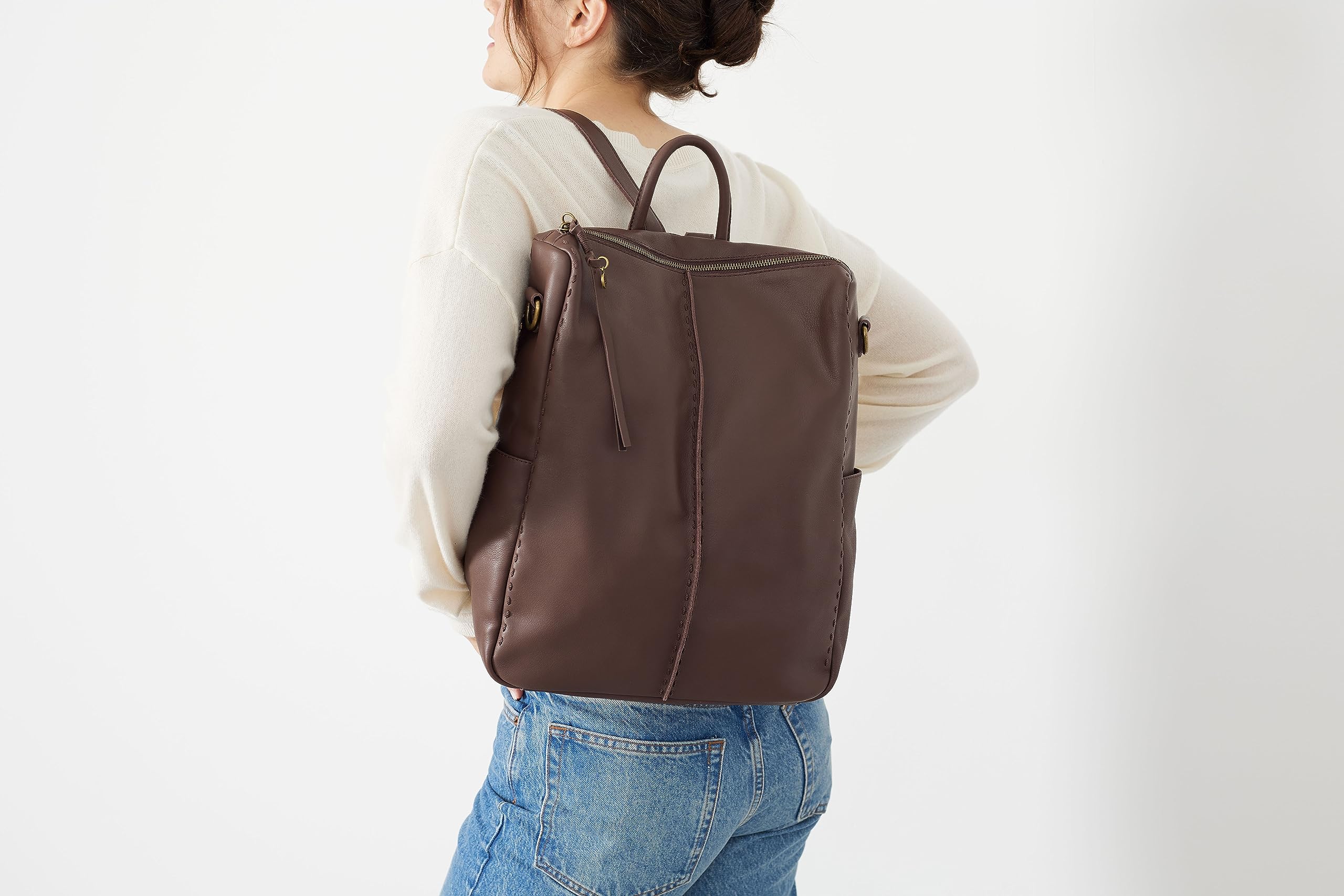 The Sak Los Feliz Backpack in Leather, Detachable Shoulder Strap, Dusty Blue