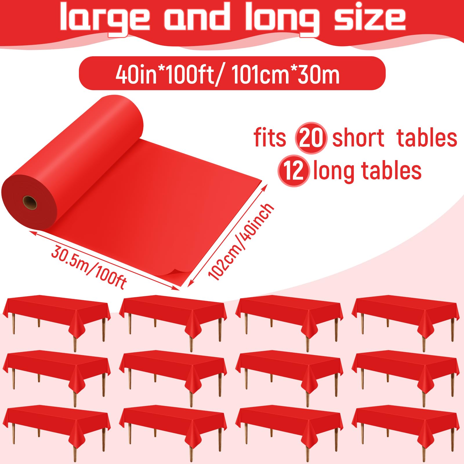 Preboun 2 Pcs Disposable Plastic Table Cover Roll 40 Inch x 100 ft Plastic Tablecloth Roll Disposable Table Cover, Plastic Table Cloth for Wedding Banque Party Decorations(Red)