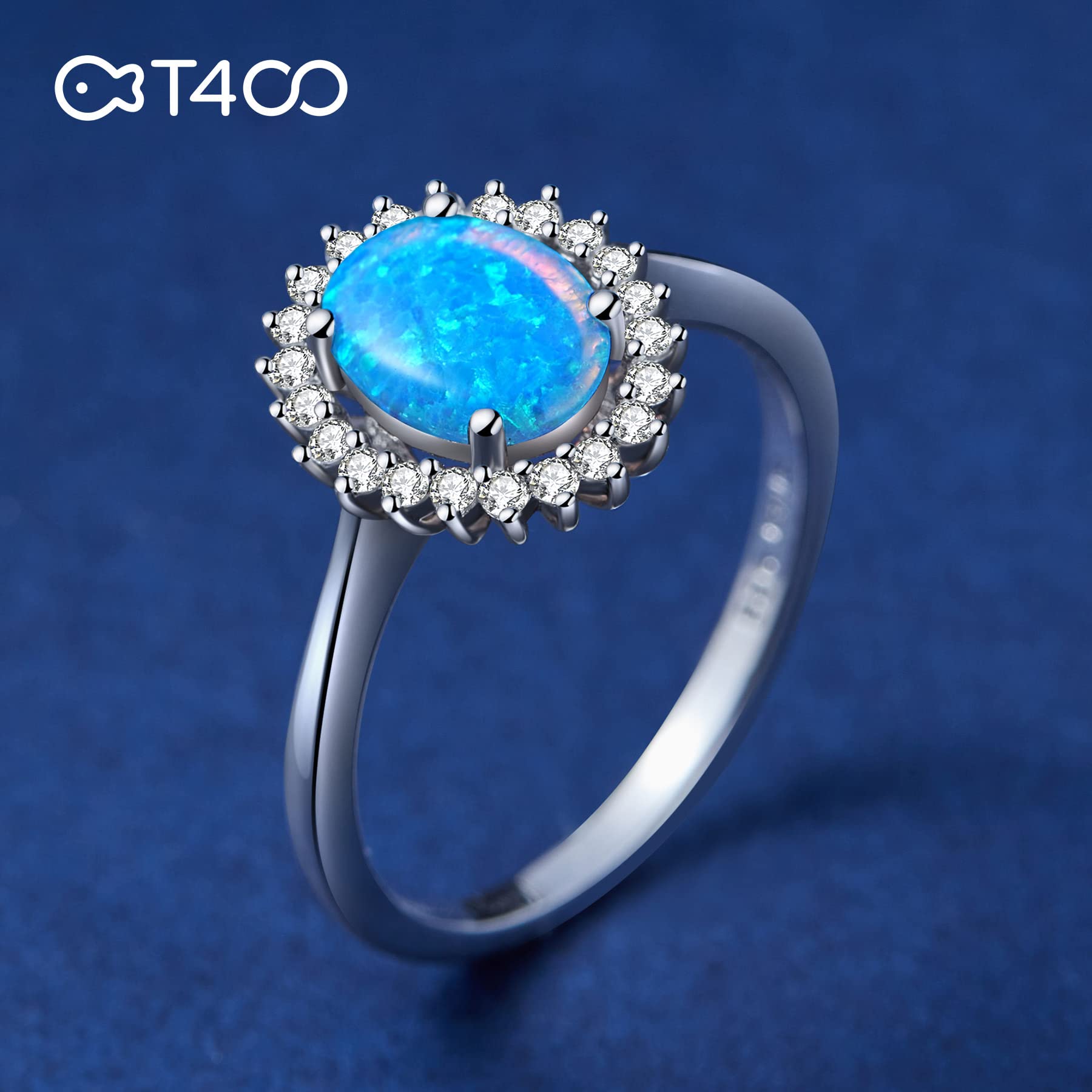 T400 925 Sterling Silver Blue Created Opal Round Ring Gift for Women