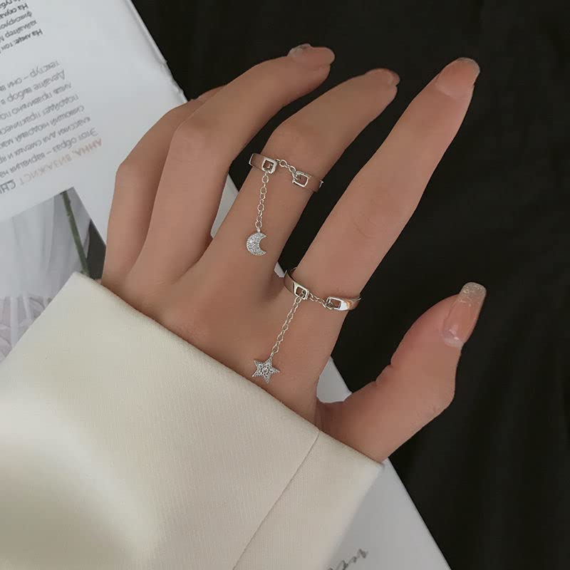 XCFS 2 Pack/Set Boho 925 Sliver Plated Cubic Zirconia Moon and Star Charms Chain Women Girls Adjustable Tassel Band Ring,Open Ring