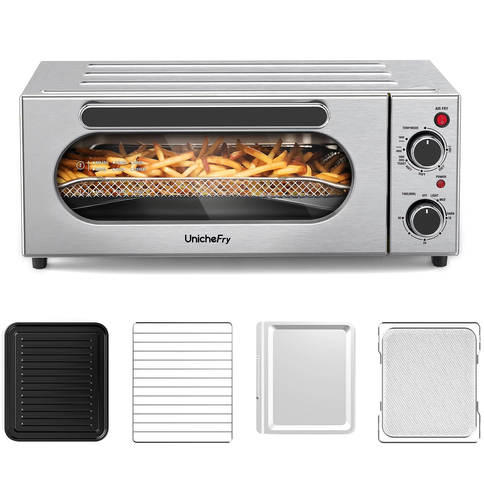 Unichefry Toaster Oven Air Fryer Combo with 4 Accessories, 1800W 15L Countertop Convection Toster Oven Fits 9 Slices or 12" Pizza, Stainless Steel with 4 Functions Including Convection, Bake & Broil