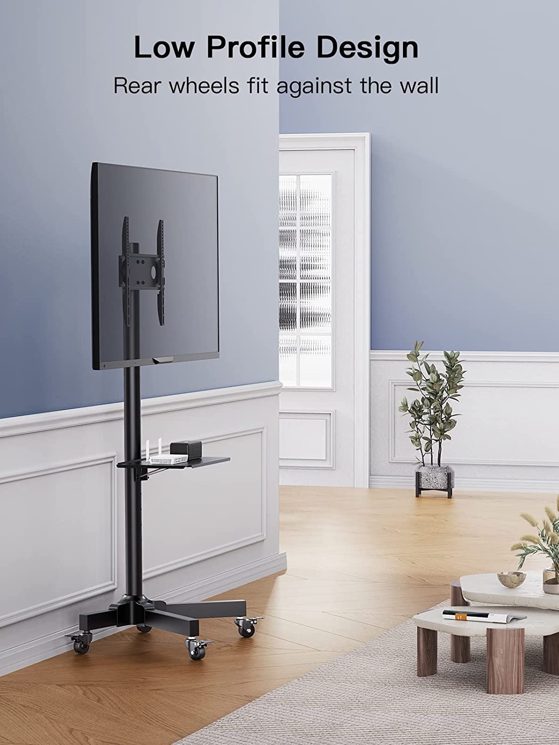 PERLESMITH Mobile TV Cart with Wheels for 23-60 Inch LCD LED OLED Flat Curved Screen Outdoor TVs Height Adjustable Shelf Floor Stand Holds up to 55lbs Monitor TV Holder with Tray Max VESA 400x400mm