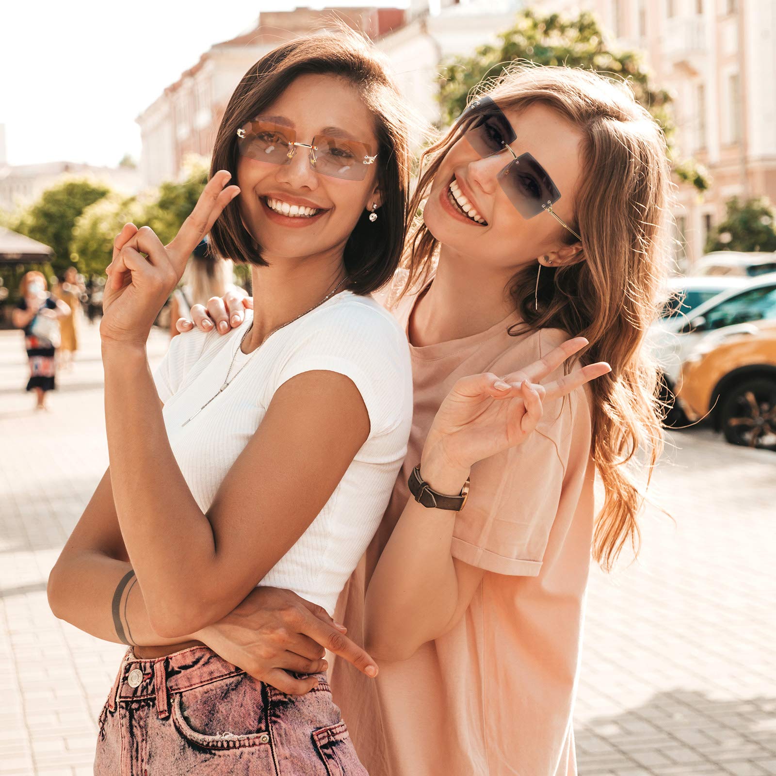 URATOT 4 Pack Rimless Rectangle Sunglasses Transparent Retro Sunglasses Vintage Rimless Eyewear Metal Frame Eyewear for Women Men