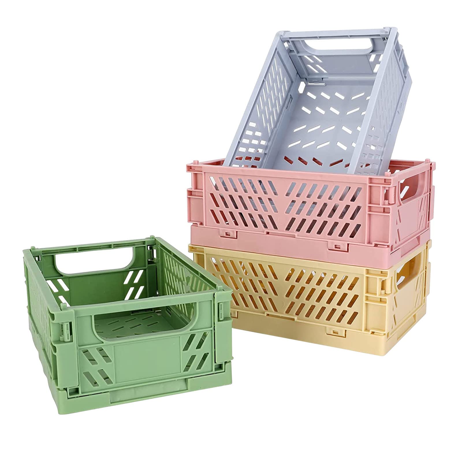 Sequpr 4-Pack Mini Crates for Storage Organizing Plastic Handle Shelf Baskets, Folding Cube Storage Bins for Office Home Kitchen Bathroom Drawer Organizers, 5.9'' x 3.85'' x 2.24''