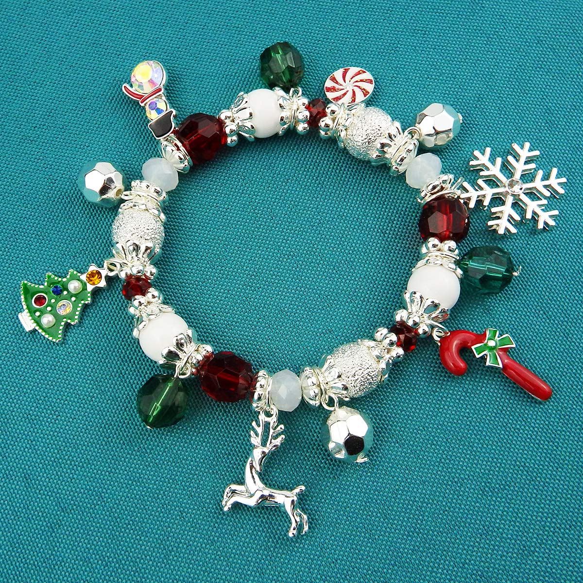 RareLove Christmas Snowflake Charm Beaded Bracelet Stretch Strand Elastic Crystal Silver Tone Dangle Xmas Tree Reindeer Women Girls Holiday Gift