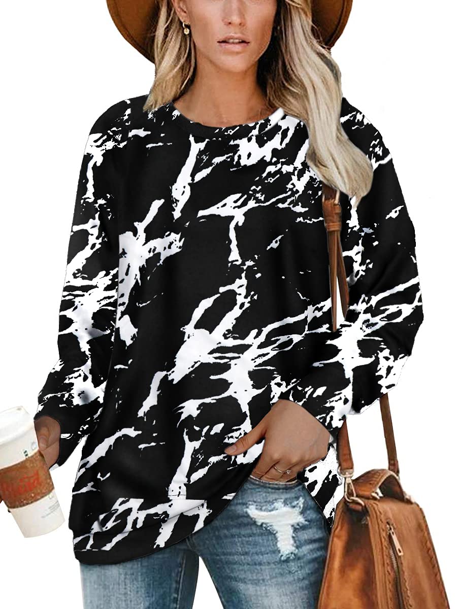 XCHQRTI Womens Crewneck Long Sleeve Sweatshirts Striped Casual Tops Printed Loose Pullover Shirts Marble Black Small
