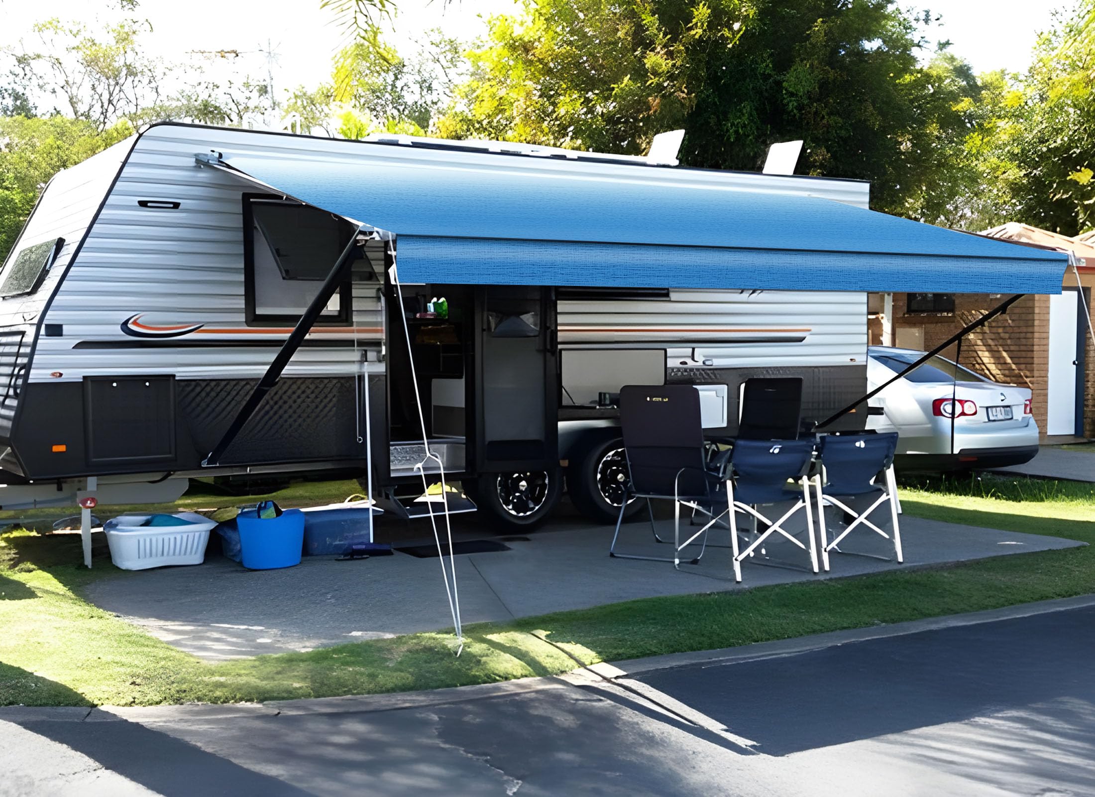 Rengue RV Awning Fabric Replacement 16 FT Vinyl Camper Awning 19oz Heavy Duty Universal RV Canopy Trailer Awnings with Pull Strap and 6 Hooks, Gradient Blue