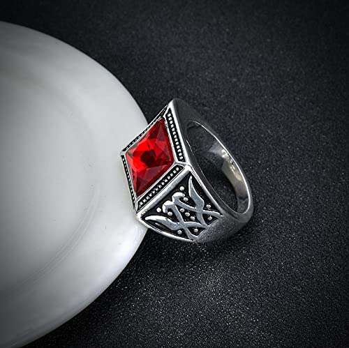 yihan jewelry Unisex Retro Square Diamond Cut Face Red Crystal Band Ring Antique Silver Plated Vintage Patterns Gem Joint Rings Valentine's Day gift (10)