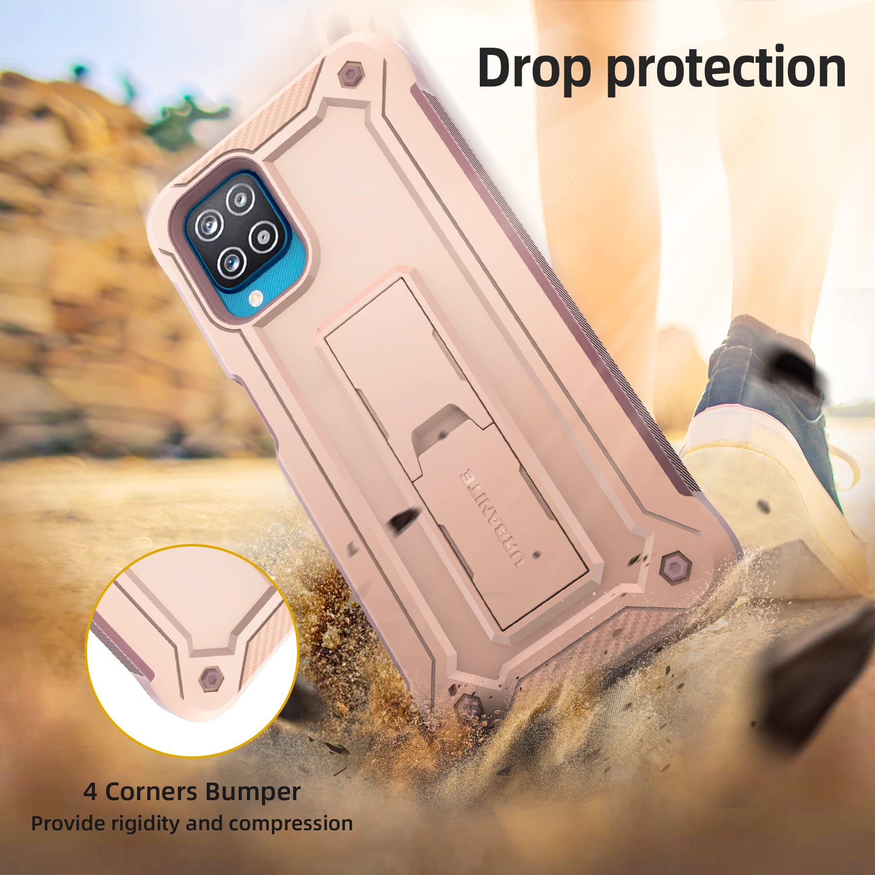 URBANITE for Samsung Galaxy A12 Case with Built-in Screen Protector, Full Body Heavy Duty Protective Cover Case with Kickstand fits Samsung A12 Phone (Pink)
