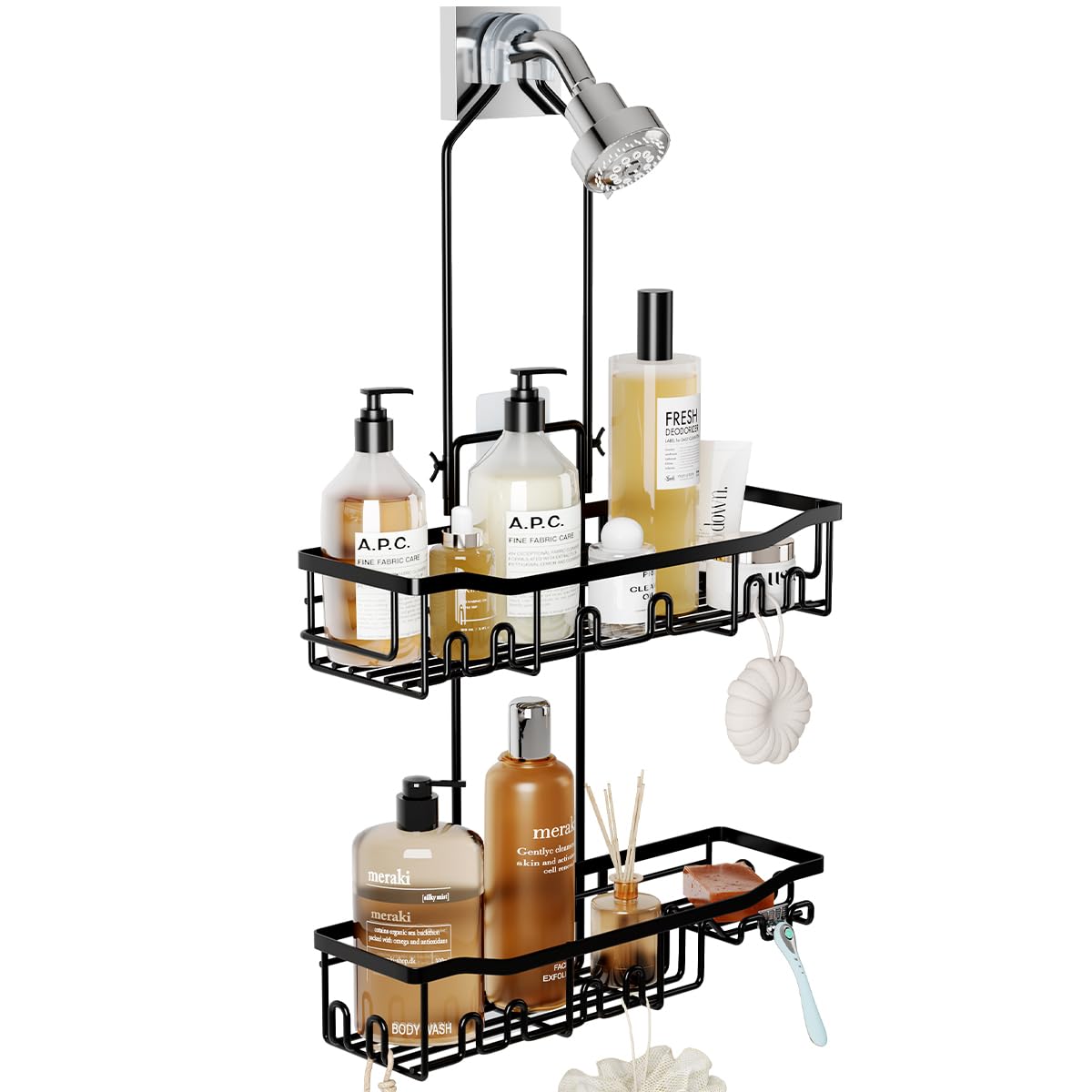 Skyapex Hanging Shower Caddy Over Showerhead: Extra Long Adjustable Shower Organizer Hanging No Blocking to Shower Head - Large Capacity Shower Caddy Hanging with Hooks Shampoo Soap Holder