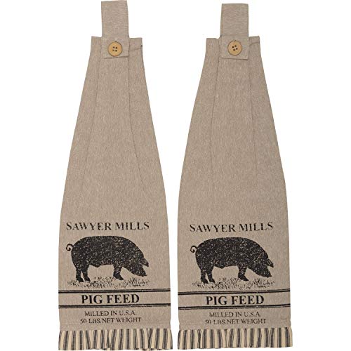VHC Brands Sawyer Mill Charcoal Kitchen Hand Towel Set Pig Print Cotton Muslin Tea Towels