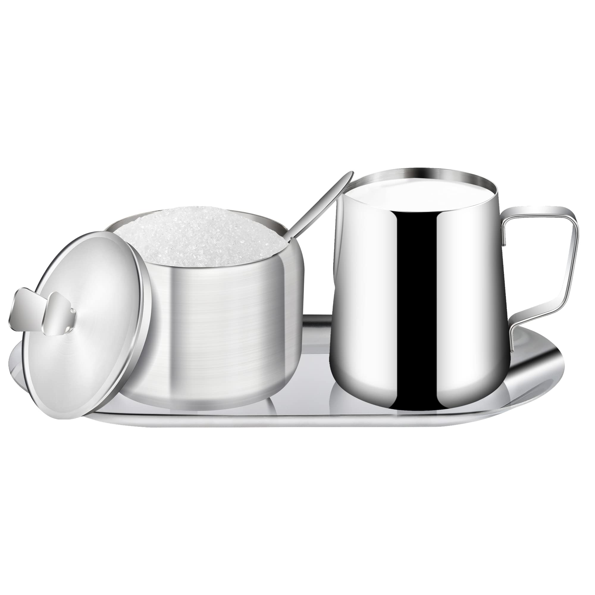 Worldity Stainless Steel Sugar and Creamer Set, Coffee Sets for Serving, Latte Milk Cup Cream Jug and Sugar Bowl with Lid Spoon Tray for Coffee Bar