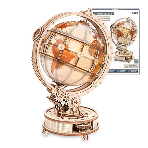 ROKR 3D Wooden Puzzles for Adults, LED Illuminated Globe with Stand, 3D Wooden Globe Model Kits with LED Light, Unique Gift for Birthday/Anniversay