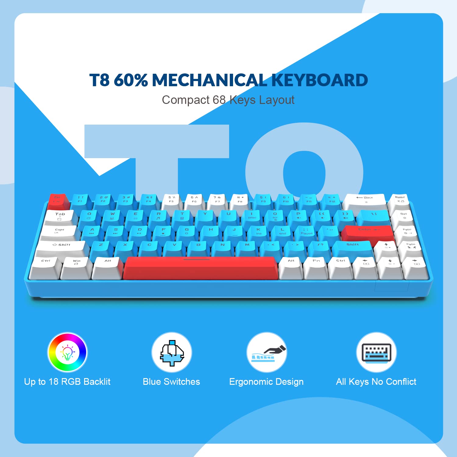 YINDIAO T8 60% Gaming Keyboard,68 Keys Compact Mini Wired Mechanical Keyboard with 18 Chroma RGB Backlit,Blue Switch,USB C Coiled Keyboard Cable,for PC,Laptop,Mac,PS4,XBOX-Black