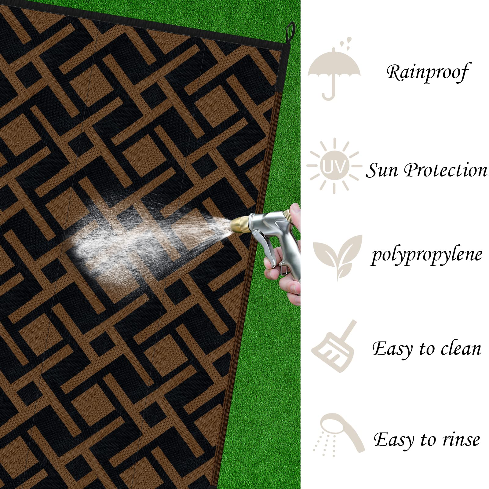 Reyox Outdoor Rugs Reversible Waterproof Mat Plastic Straw Rug with Corner Loops & Stakes Non-Fading RV Camping Mat Portable Patio Rugs Lattice Brown 6x9 ft