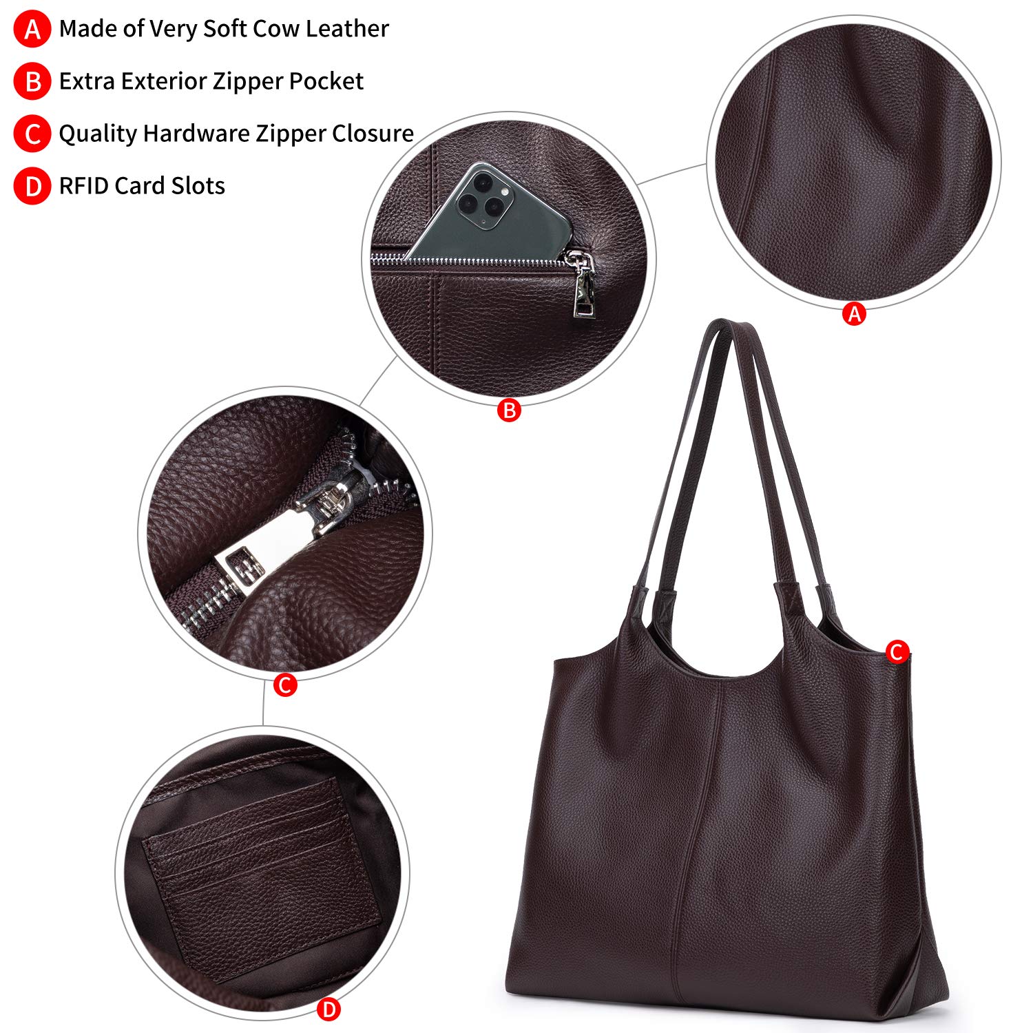 Soft Leather Tote Purse Zipper Closure Designer Handbag Women RFID Top-handle Bag Lightweight