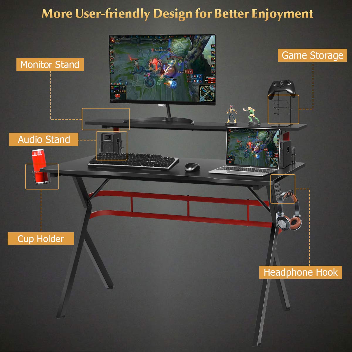 Tangkula Gaming Desk, Professional Gamer Workstation with Cup Holder, Headphone Hook, Handle Rack, Ergonomic PC Gaming Table with Monitor Stand, E Sports Computer Desk Table for Home, Office (Black)