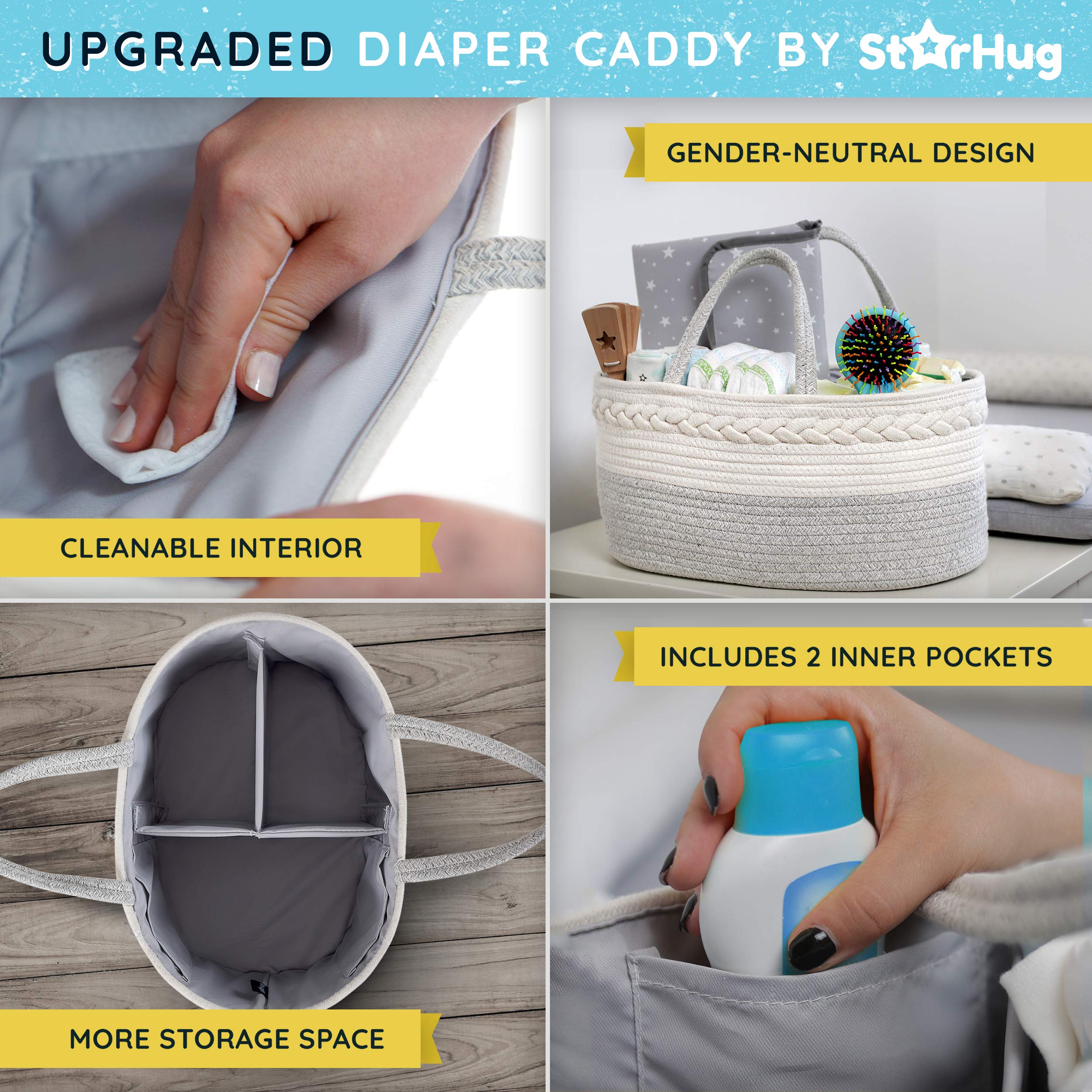 StarHug Baby Diaper Caddy Organizer β Baby Shower Basket with 2 Inner Pockets, Cleanable Interior, 100% Cotton Rope, Eco-Friendly, Large (Diaper Caddy + Portable Changing Pad)