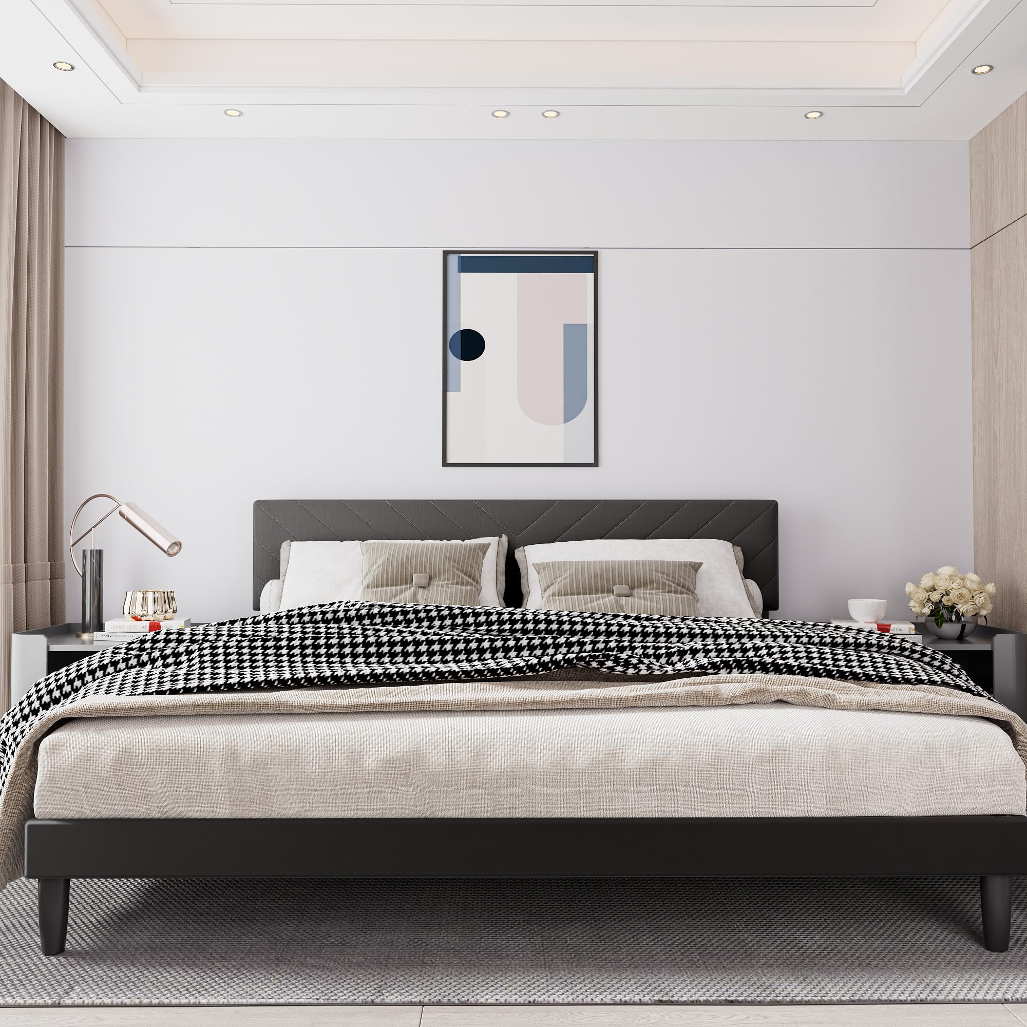 Rottnen Upholstered King Size Bed Frame with High-Adjustable Headboard and Solid Wood Slats Support, Strong Weight Capacity, Non-Slip and Noise-Free,No Box Spring Needed, Easy Assembly, Grey