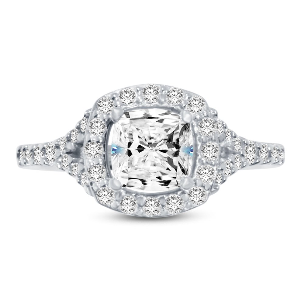 Size - 5.5-14k White Gold Cushion Cut Halo Split Shank Heirloom Solitaire Engagement Ring CZ Cubic Zirconia (2.0cttw., 1.0ct. Center)